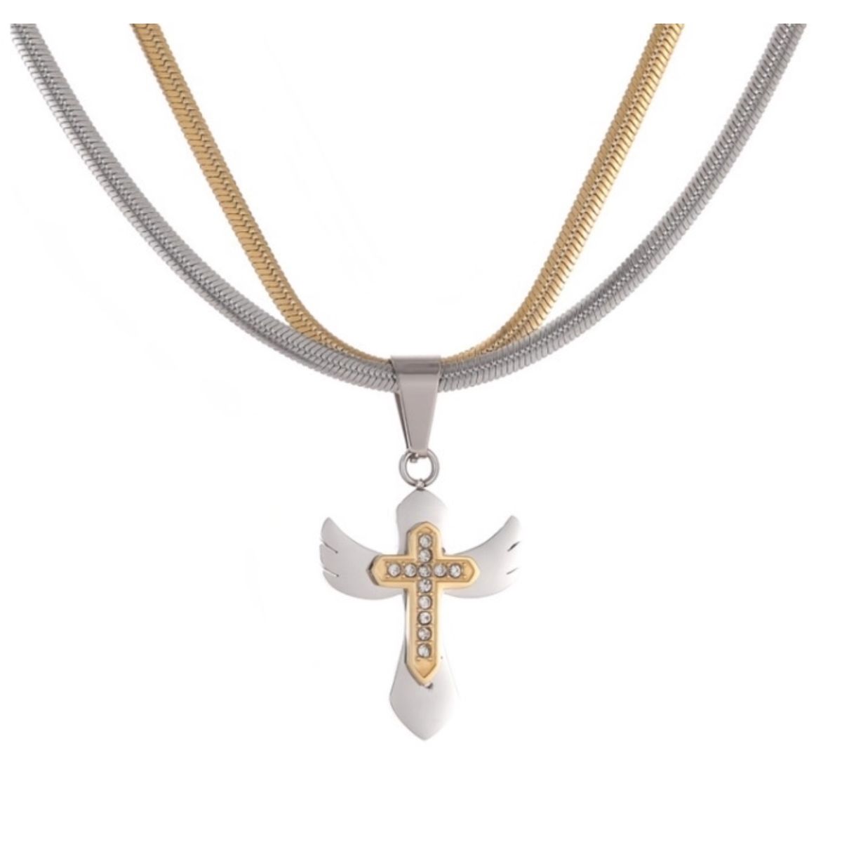 Two-Toned Silver & Gold Cross Necklace, Double-Layer Steel Chain | Shop ...