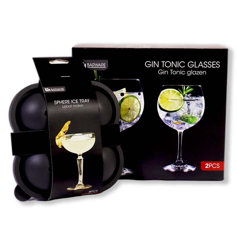 Premium Gin Cocktail Glasses Set & Ice Tray - 650ml Glass & Rounded ...