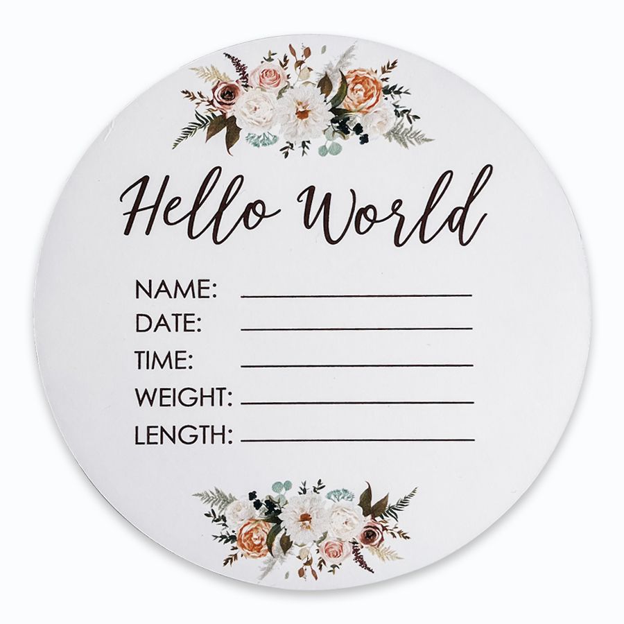 Boho Floral Hello World 13cm Newborn Baby Birth Announcement Disc ...