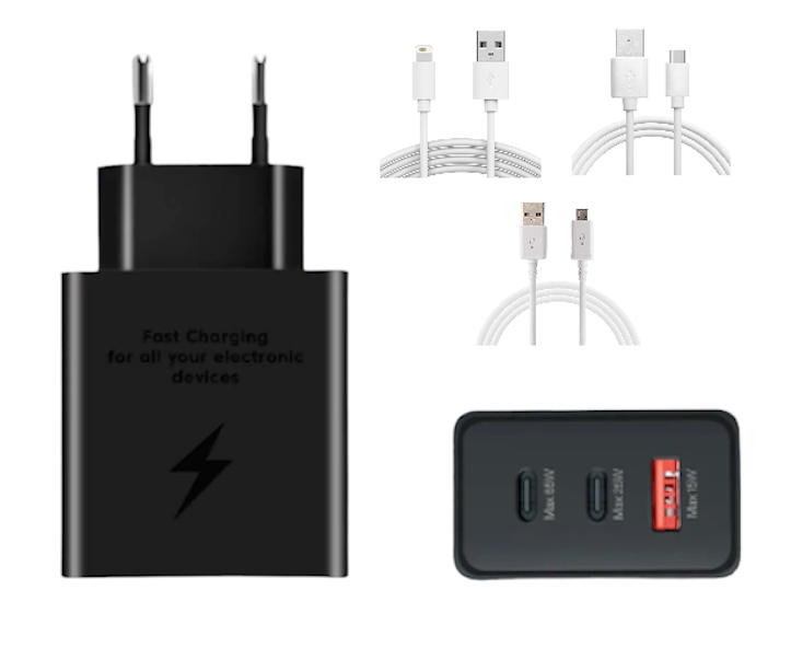 65W Multi Port Trio Fast Charger with USB to LightningType-C & Micro ...