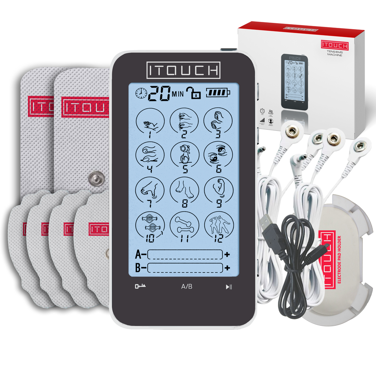 TOUCH-X TENS EMS Unit With 12 Modes And 6 Electrode Pads For Pain ...