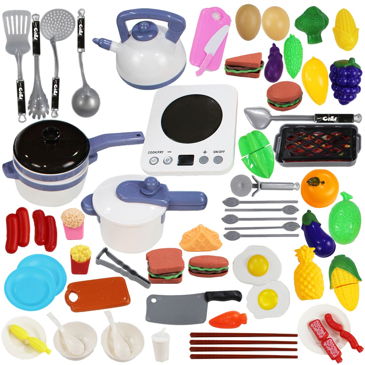 64 Piece Pretend Play Kitchen Velcro Fruit Food Cutting Set Toys Pot ...