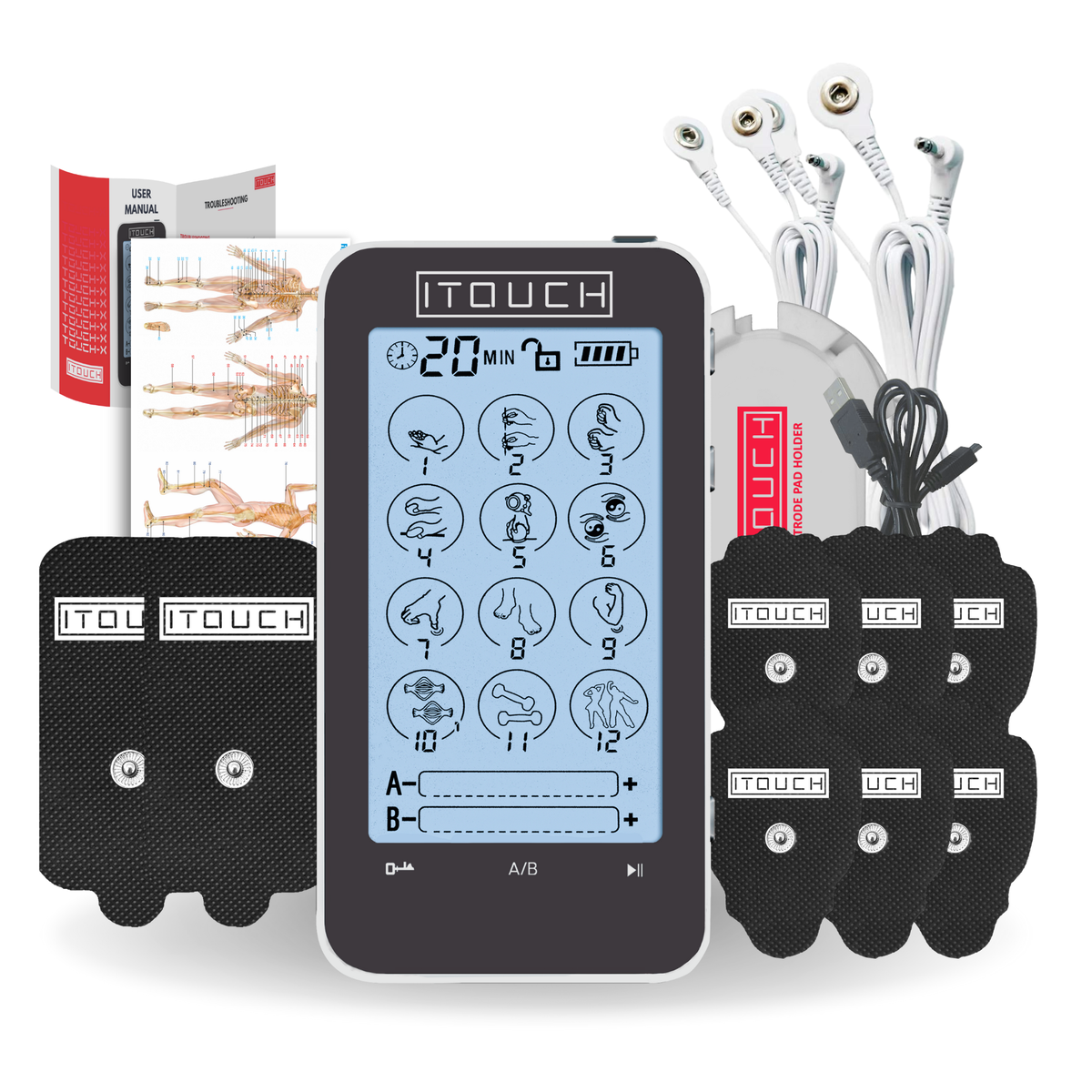 TOUCH-X TENS Machine - 12 Modes, 8 Electrode Pads for Effective Pain ...