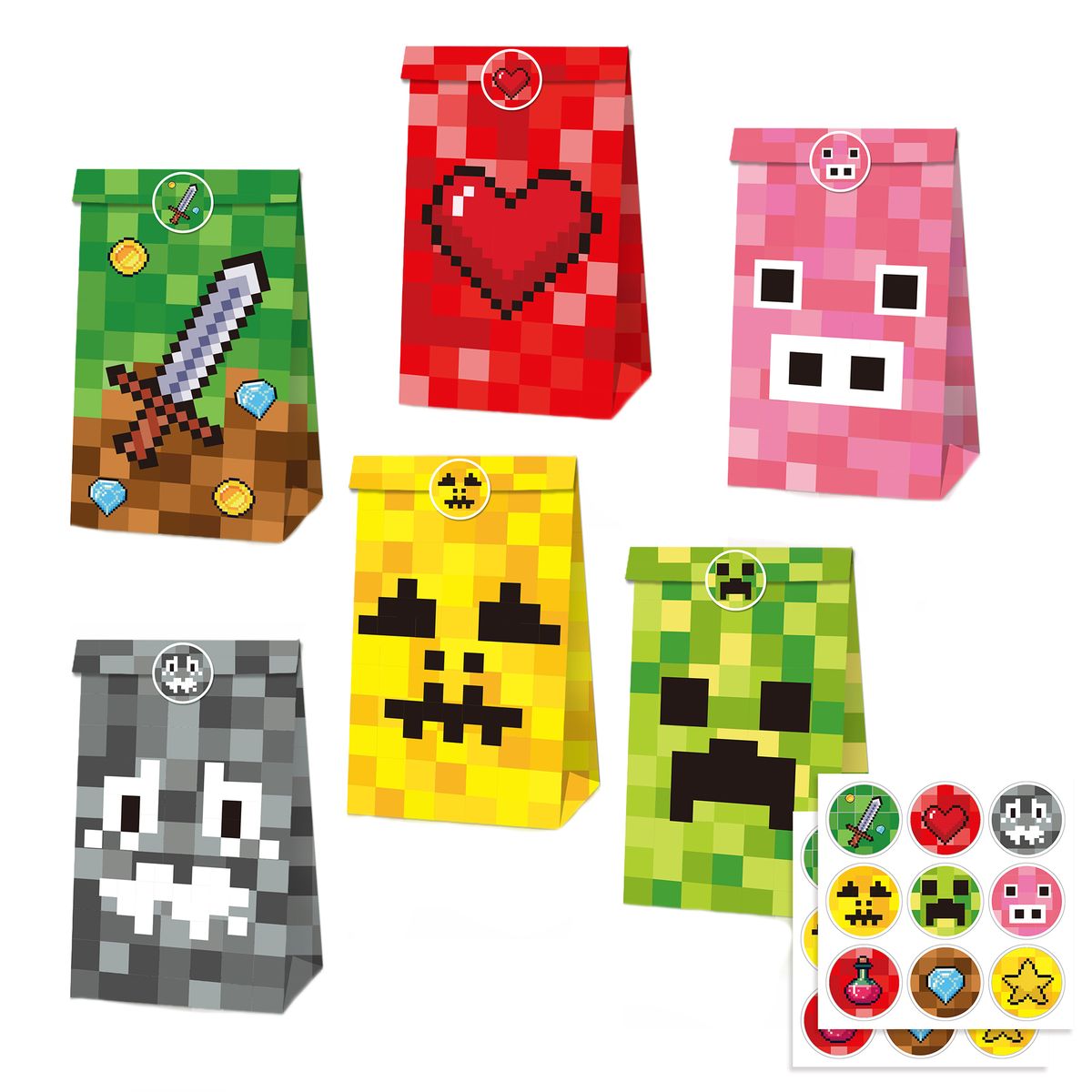 Party Favor Bags with Stickers - Minecraft Inspired Theme - 12 Bags ...