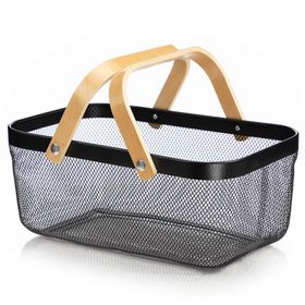 Metal Mesh Rectangular Wooden Handle Storage Basket Storage Organizer ...
