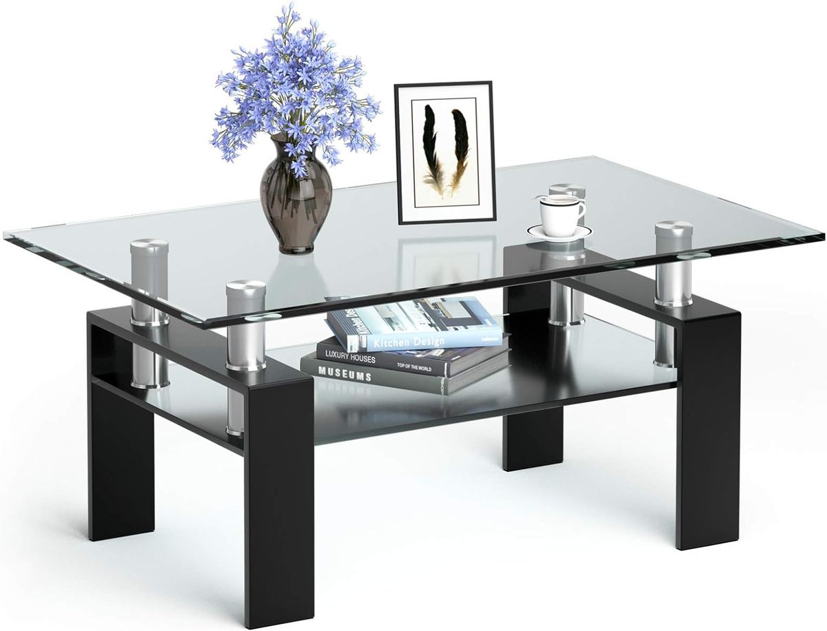 Coffee Table Side Table Glass Tabletop Wooden Leg | Shop Today. Get it ...