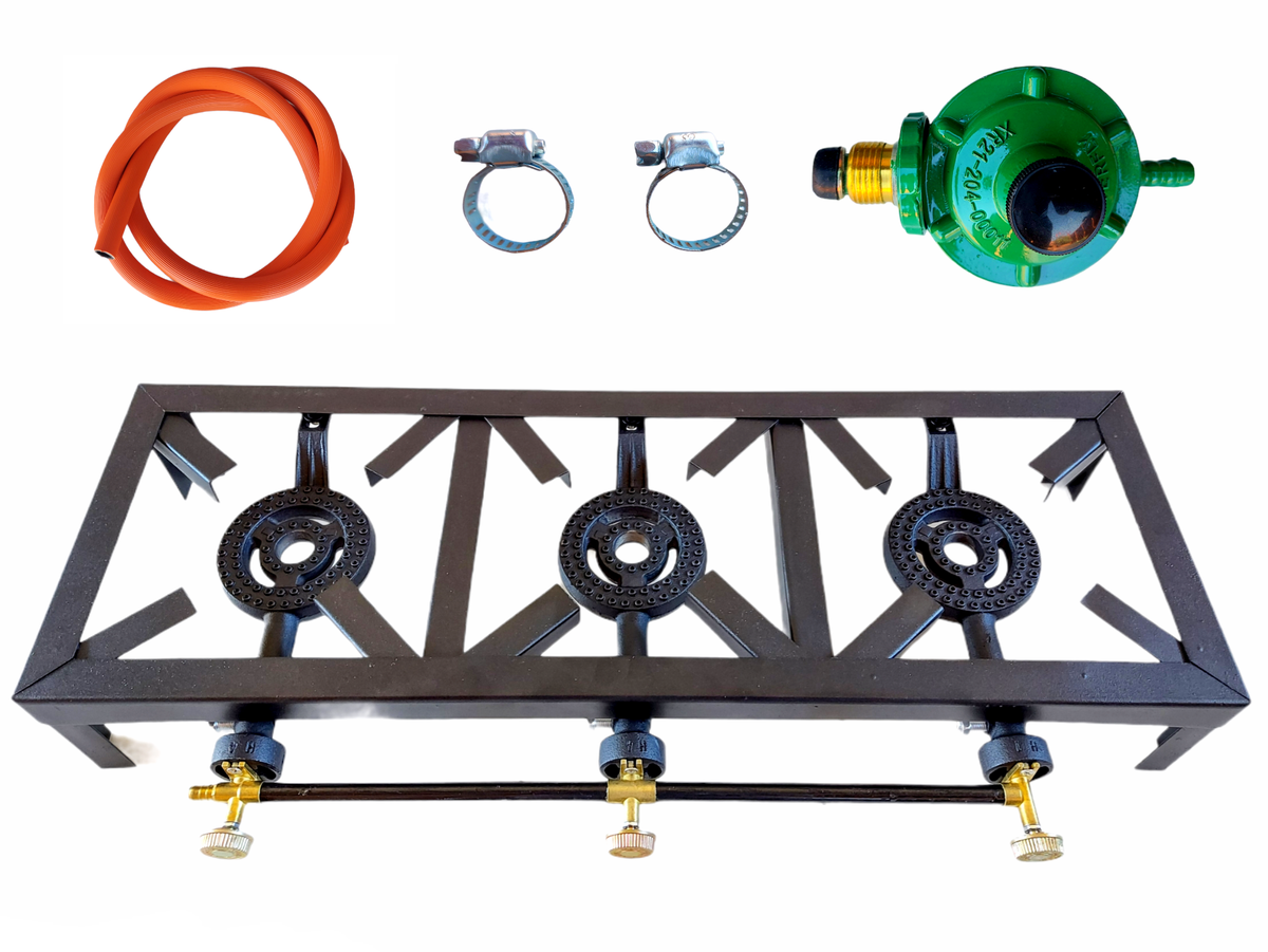 3 Burner Triple Gas Burner 4 Legged With Hose And Regulator Set