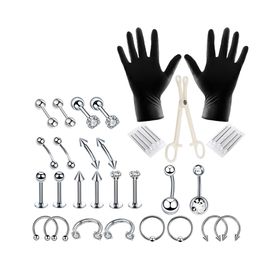 37 Piece Steel Rhinestone Belly Button Tongue Body Jewelry Piercing Kit ...