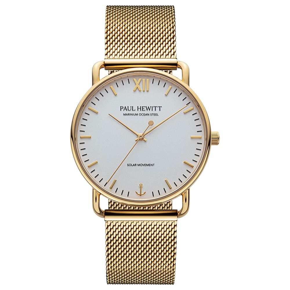 Paul Hewitt Unisex Sailor 39mm Solar Watch Gold Mesh Strap White Dial ...