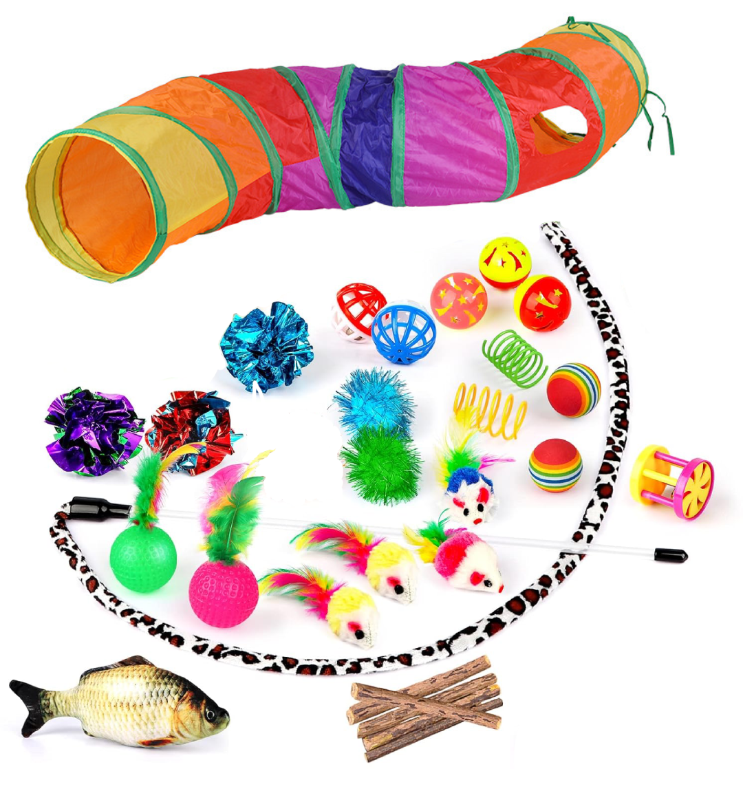 30 PCS Cat Toys Kitten Toys with S Rainbow Tunnel Cat Feather Teaser ...