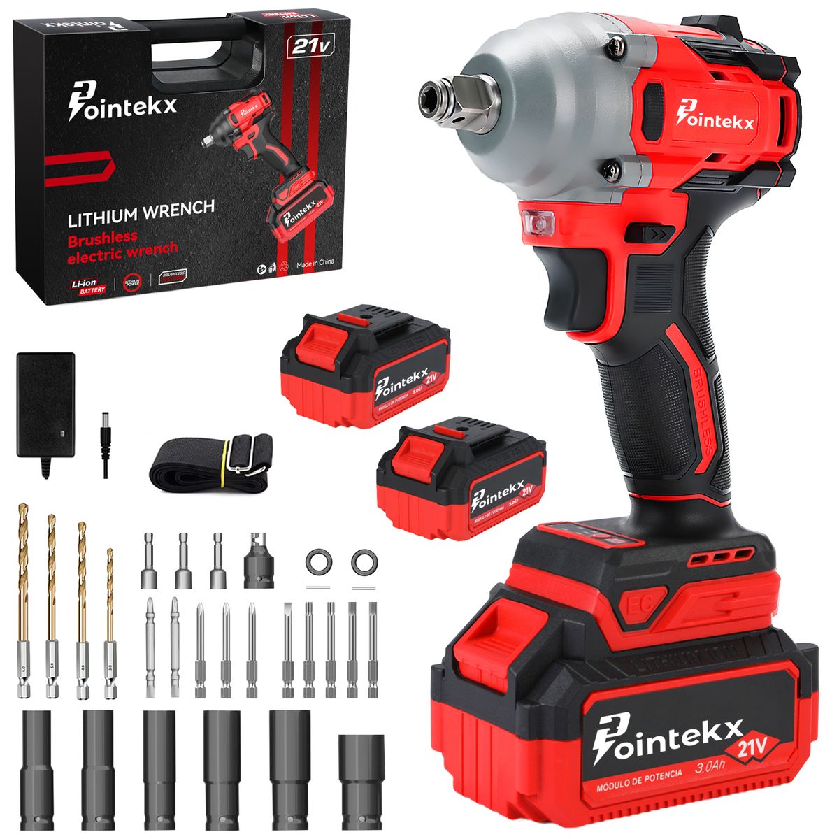 POINTEKX 21V 450NM Brushless Cordless Impact Wrench with 2 Battery ...