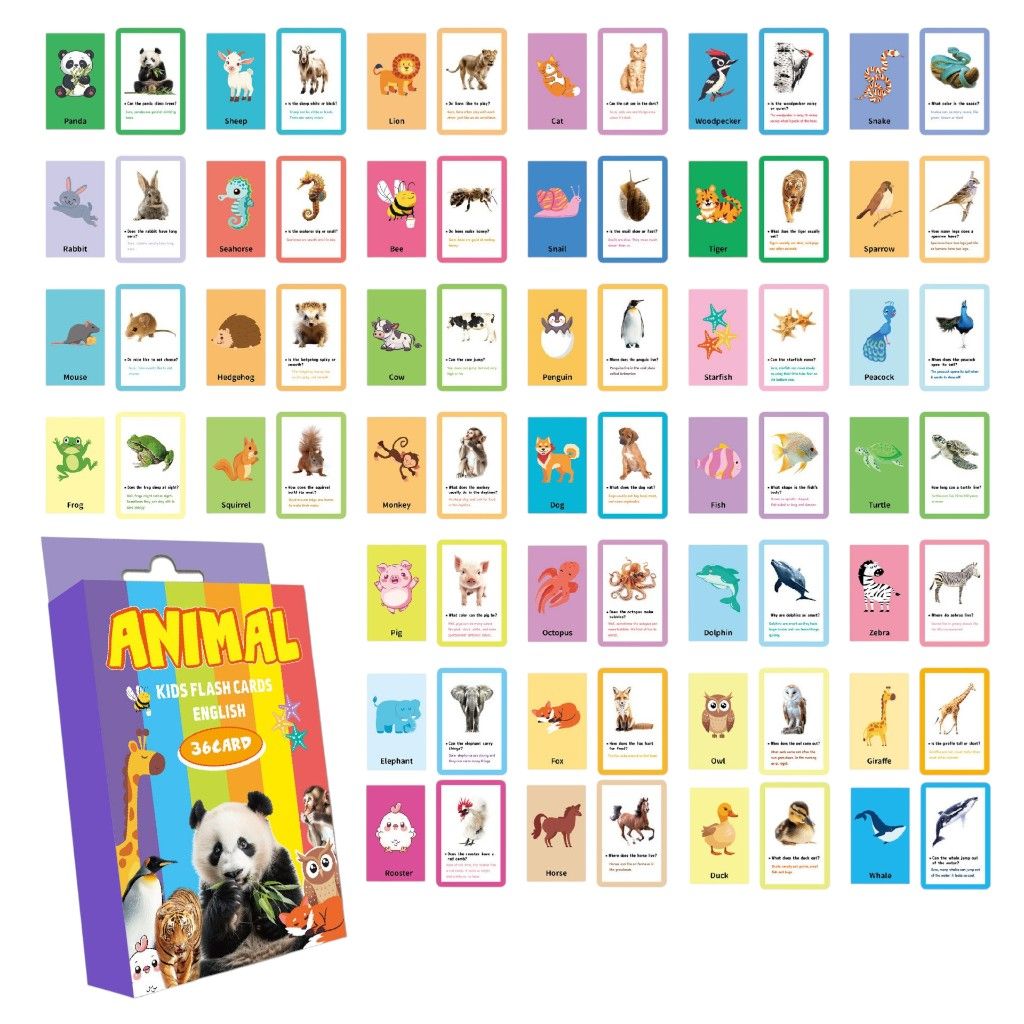 Animal Themed Comprehensive Learning Flash Cards - Multicolour - 36 ...