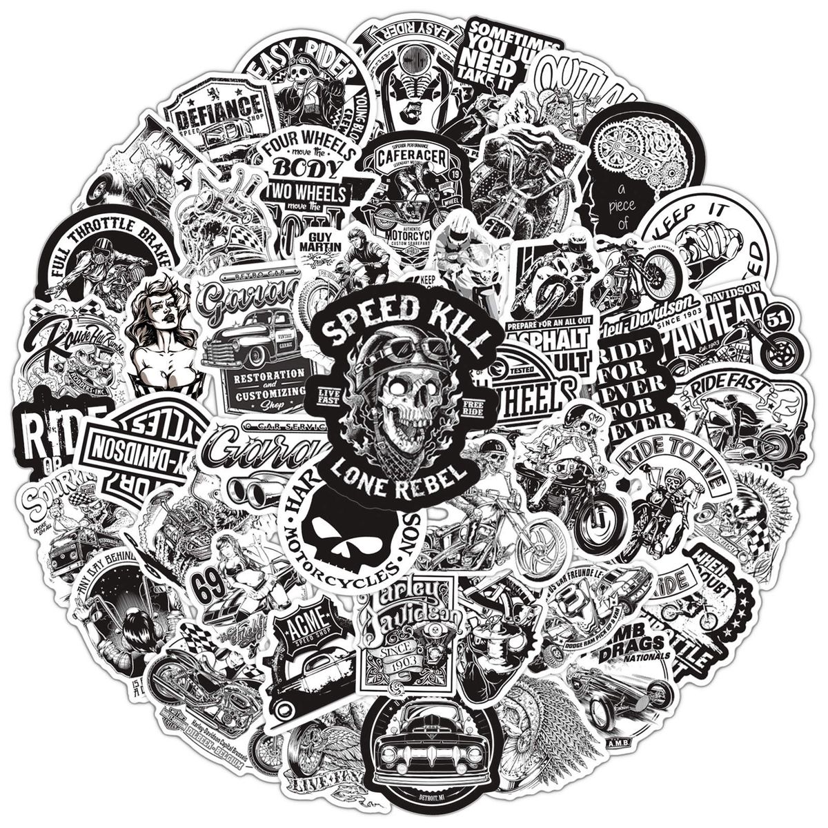 Custom Black & White Retro Motorcycle Sticker Mix - 50 Piece | Shop ...