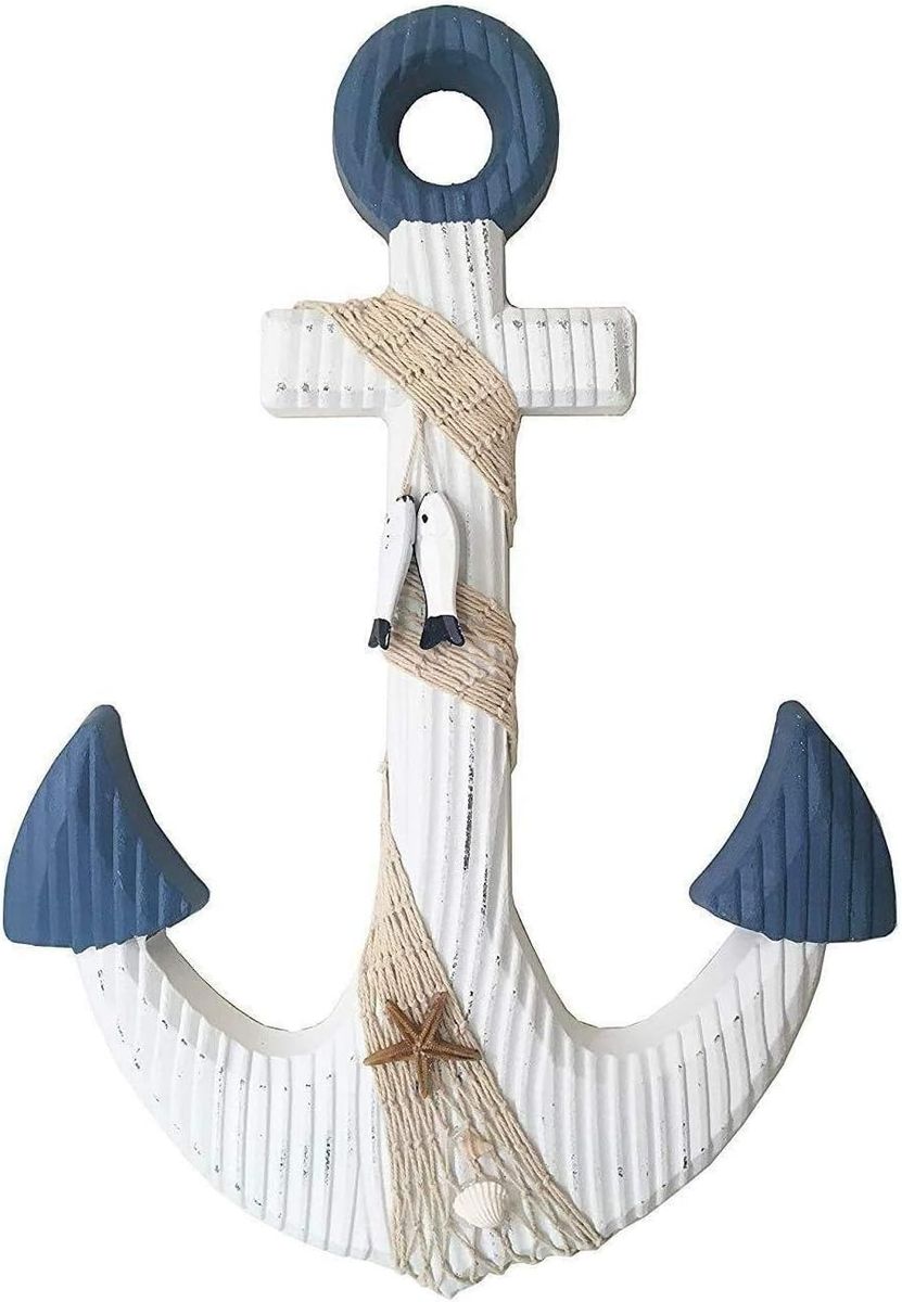 Hanging Nautical Wooden Anchor Wall Decor with Fish Net 46cm/ 18 inch ...