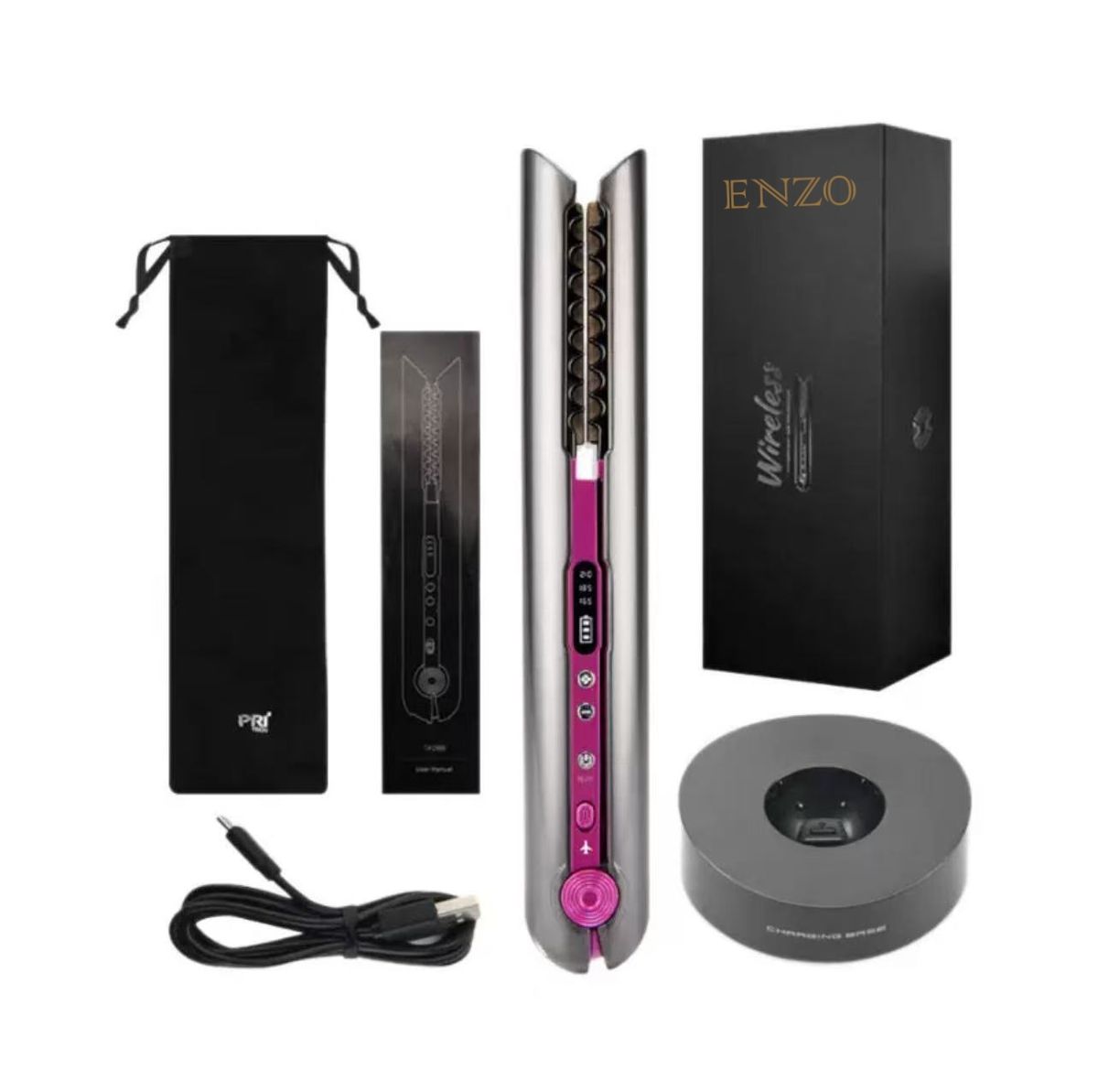 ENZO USB Wireless Charging Portable Hair Straightener Curler 2 in 1 ...