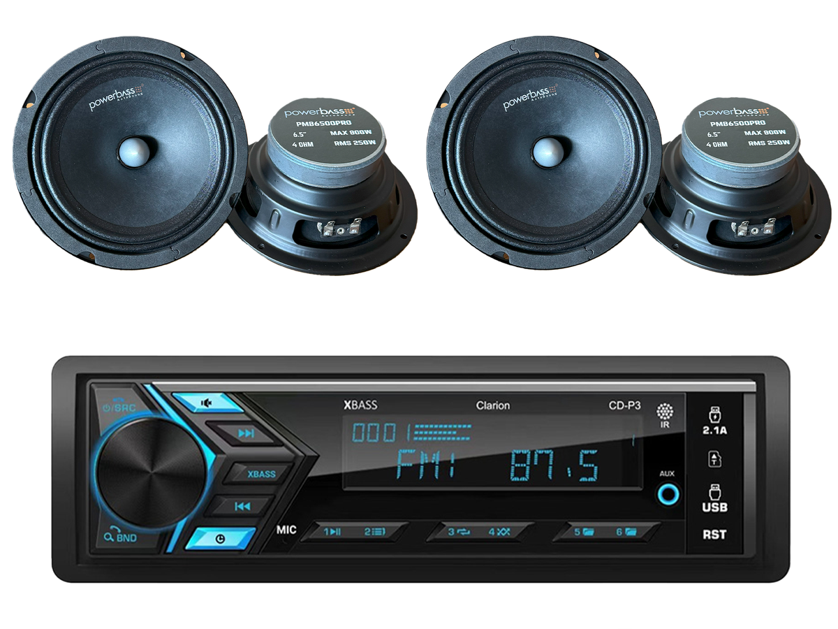 Powerbass PMB6500PRO 6.5" 800W Speakers & Clarion CD-P3 Bluetooth Radio ...