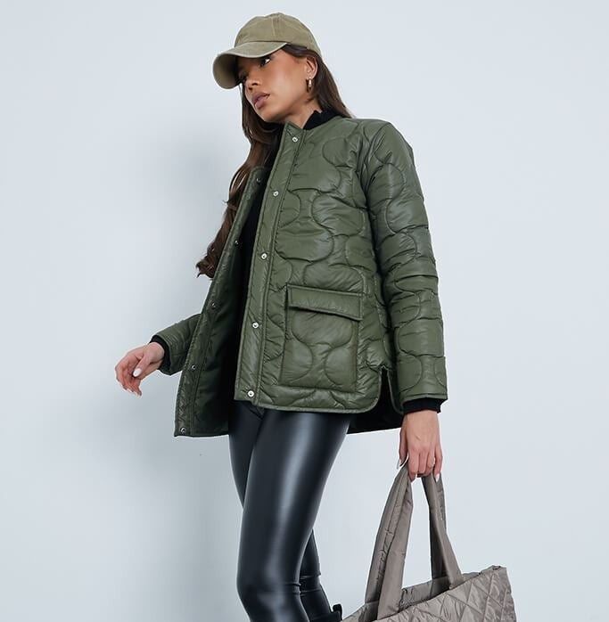 I Saw It First Ladies - Khaki Onion Quilted Collarless Padded Shacket ...