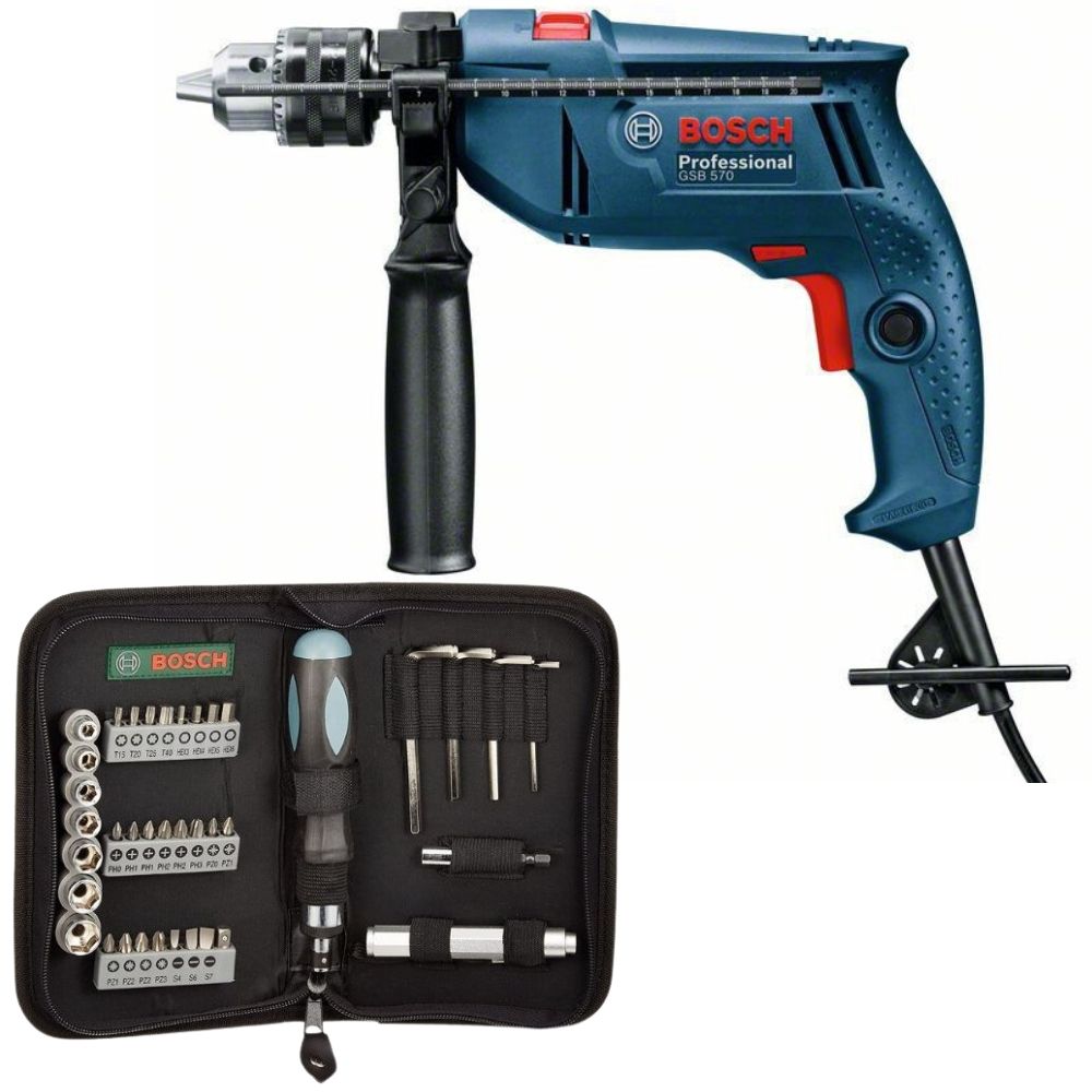 Bosch - Impact Drill (GSB 570) with 38 Piece Mixed Screwdriver Set ...