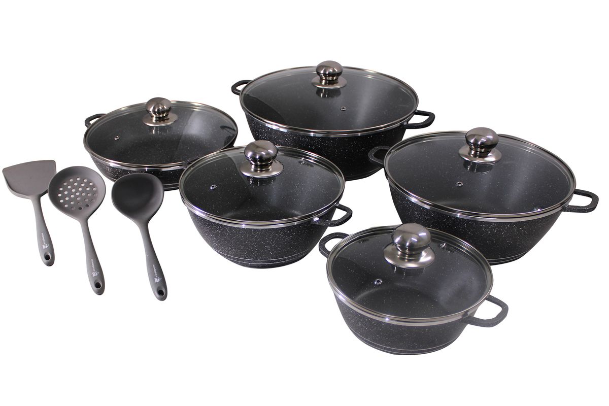 13 Piece Aluminium Pot Set with Marble Coating & Glass Lid -Casserole ...