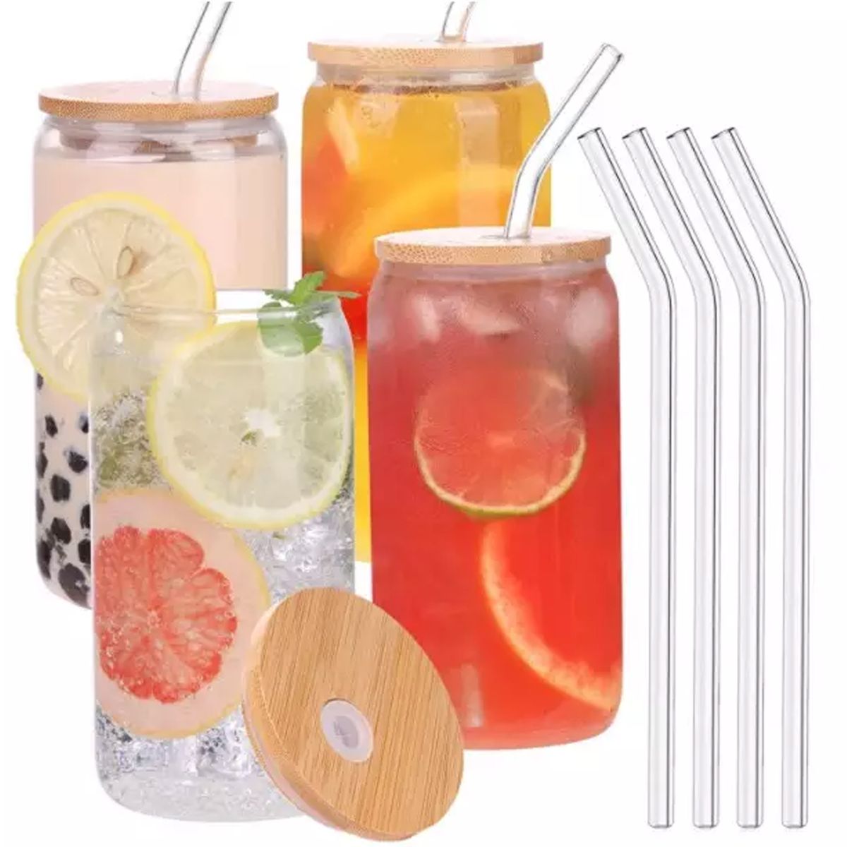 Cocktail Drinking Glasses with Bamboo Lid and Glass Straw - Set of 4 ...
