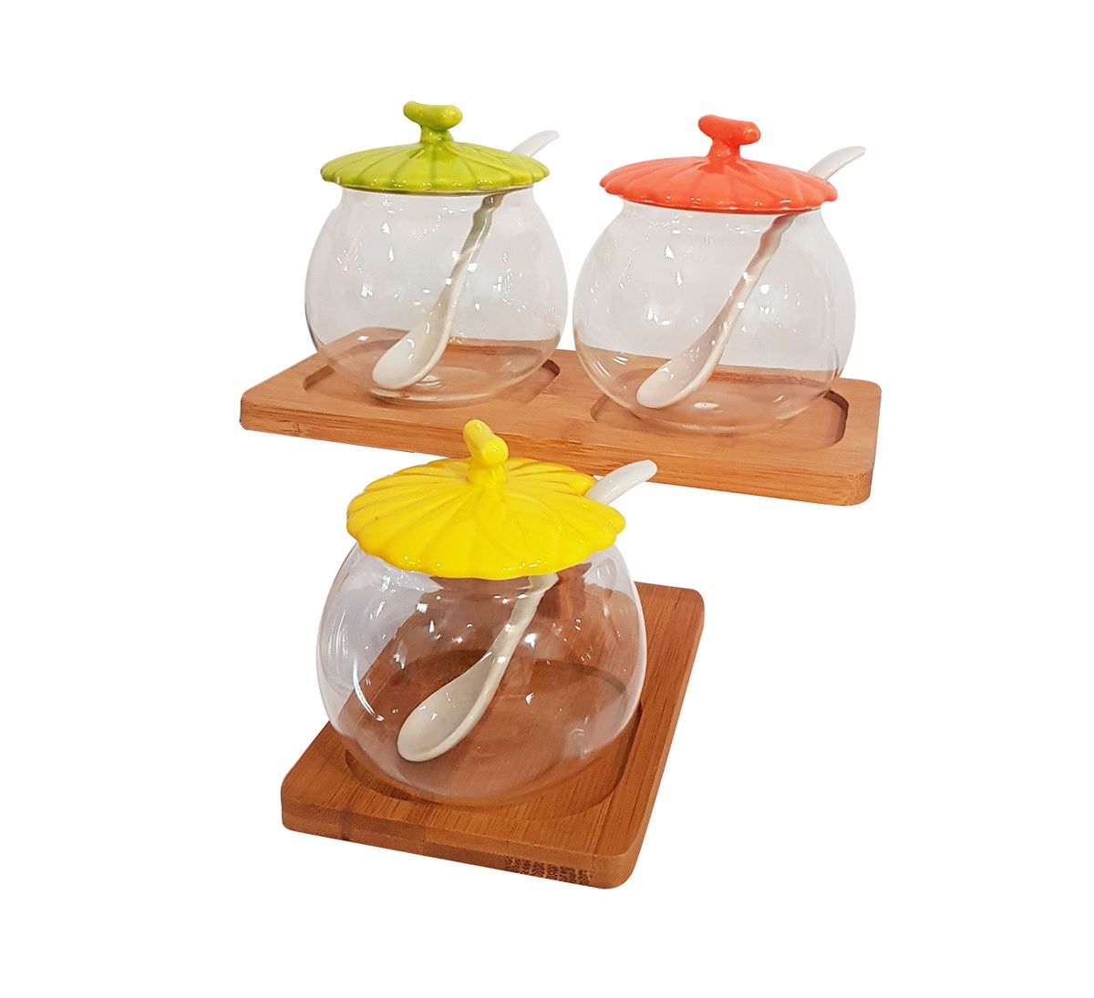 Glass Condiment Bowls with Coloured Lids on a Wooden Stand - Style 2 ...