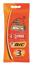BIC 3 Sensitive Men's Triple Disposable Shaver for Men, Pack of 4+2 ...