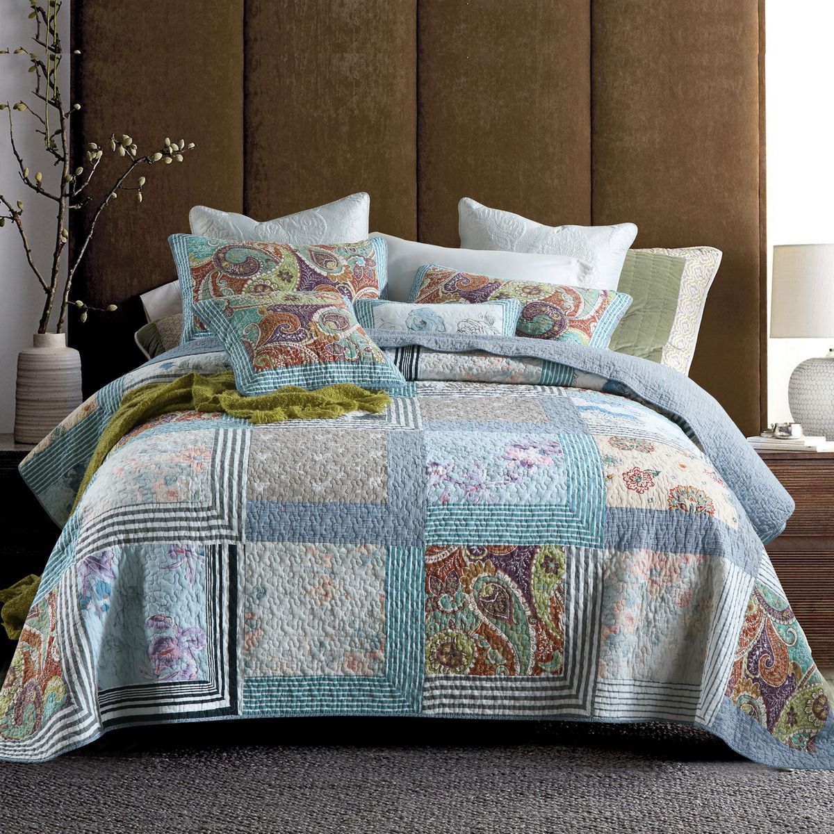 Luxurious Patchwork Bedspread 100% Cotton Quilted Embroidered ...