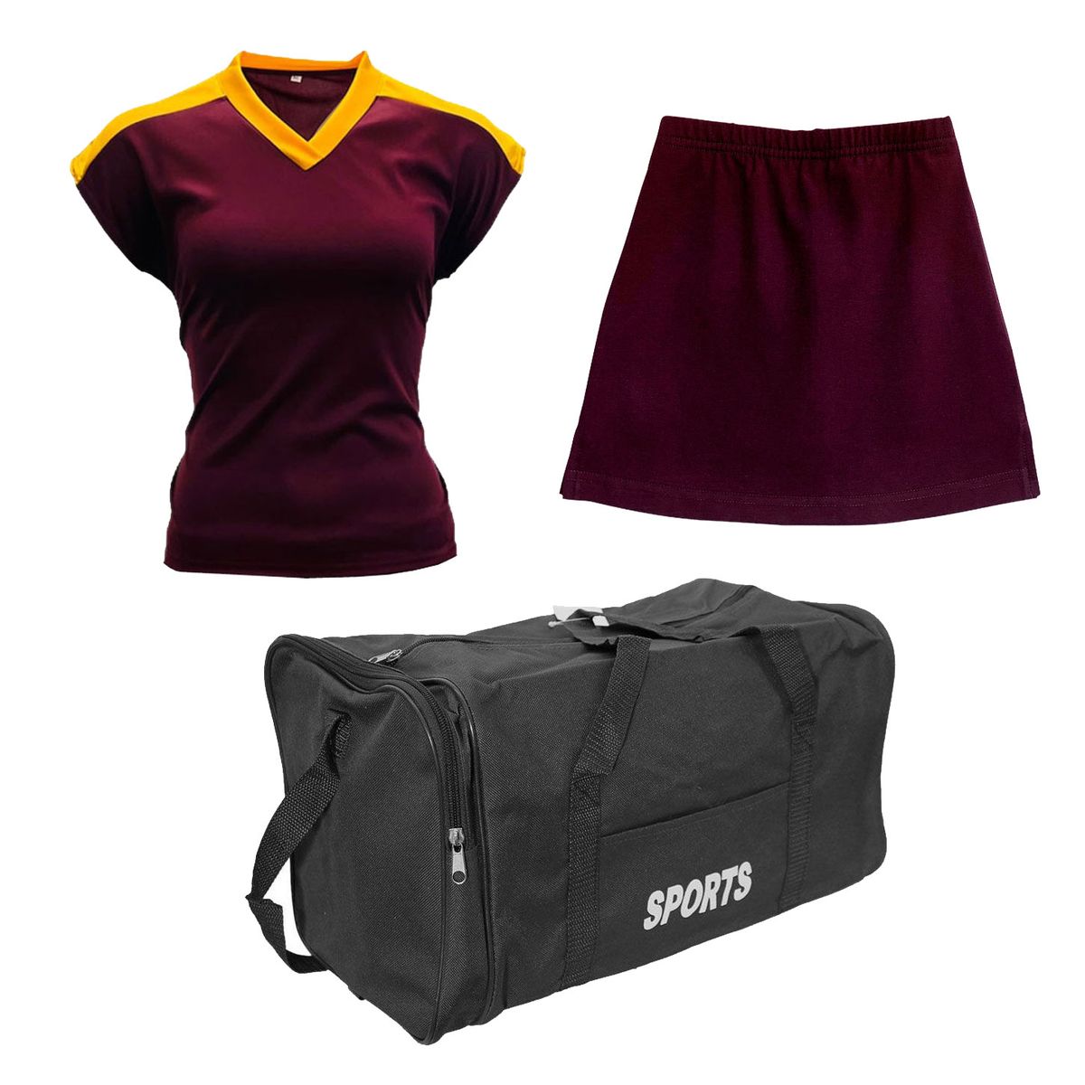 Netball Top & Skirt Kit Set for Women's Team of 10 -Maroon/Yellow & Bag ...