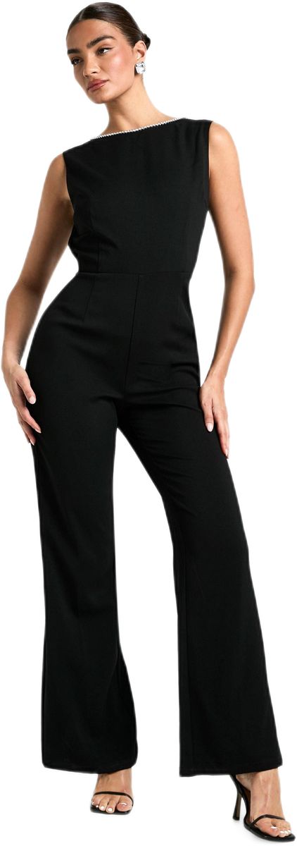 boohoo - Womens Diamante Trim Low Back Jumpsuit - Black | Shop Today ...