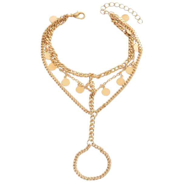 Multi-Layered Coin Charm Hand Chain Bracelet With Finger Loop -Gold ...