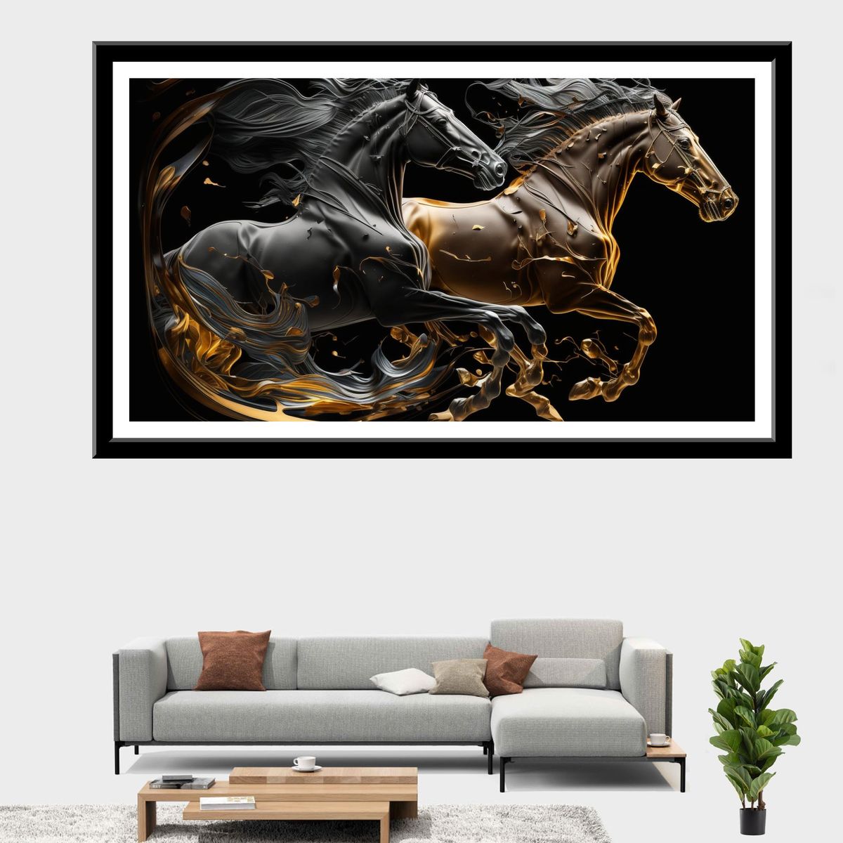 Wall Art Unframed - Black And Golden Running Horses Abstract Modern F ...