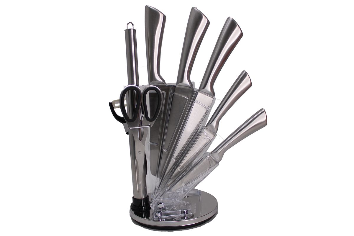 9 Piece Stainless Steel Rotating Kitchen Knife Set - Solid Silver ...