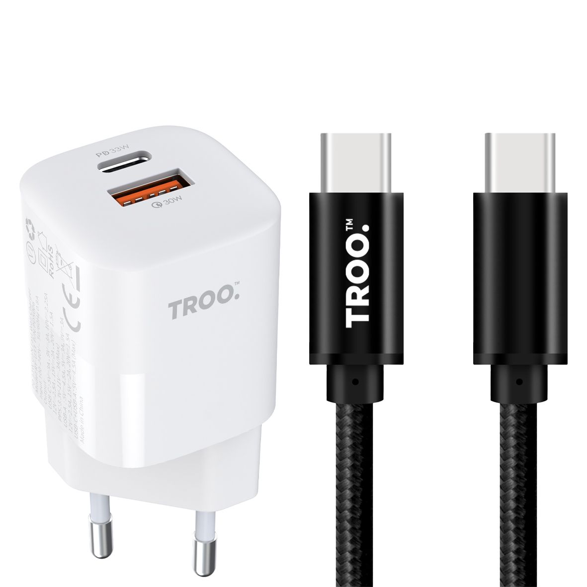 TROO Certified PD 33W Ultra Fast Dual Wall Charger + Type-C Braided ...