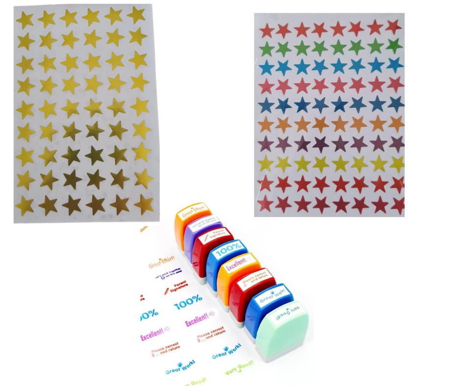 Star Reward Stickers Gold and Multi colour 20 sheets & 8 Teacher Stamps ...