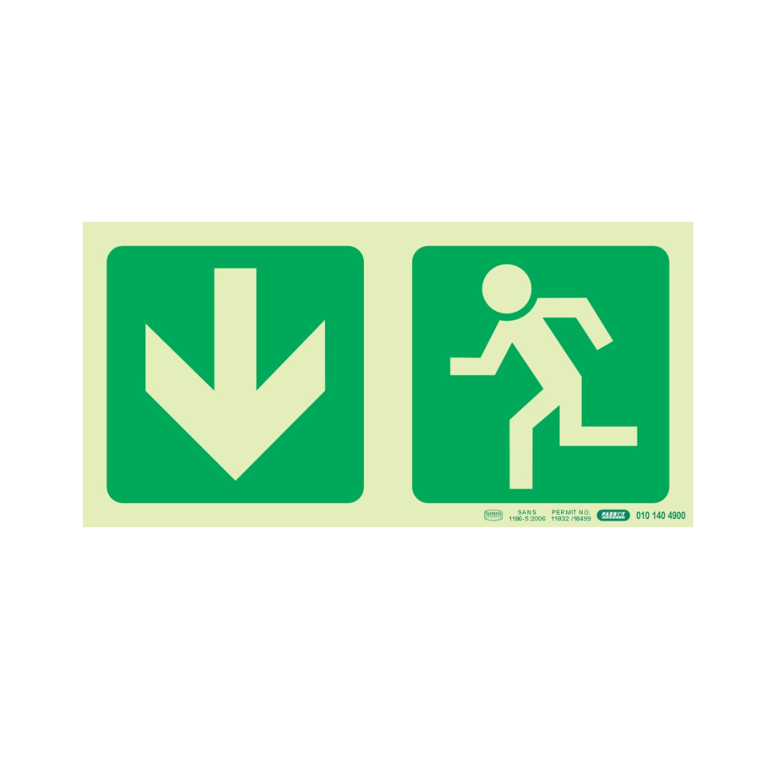 Photoluminescent SABS Approved Safety Sign - Down Arrow + Running Man ...