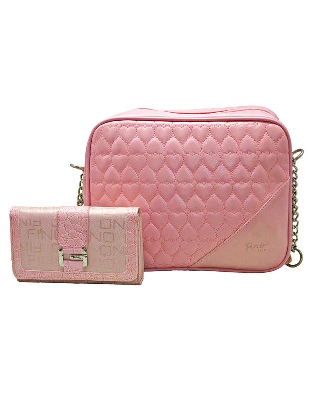 Fino SK-5525+F-093 Quilted Faux Leather Bag & Jacquard Purse Set - Pink ...