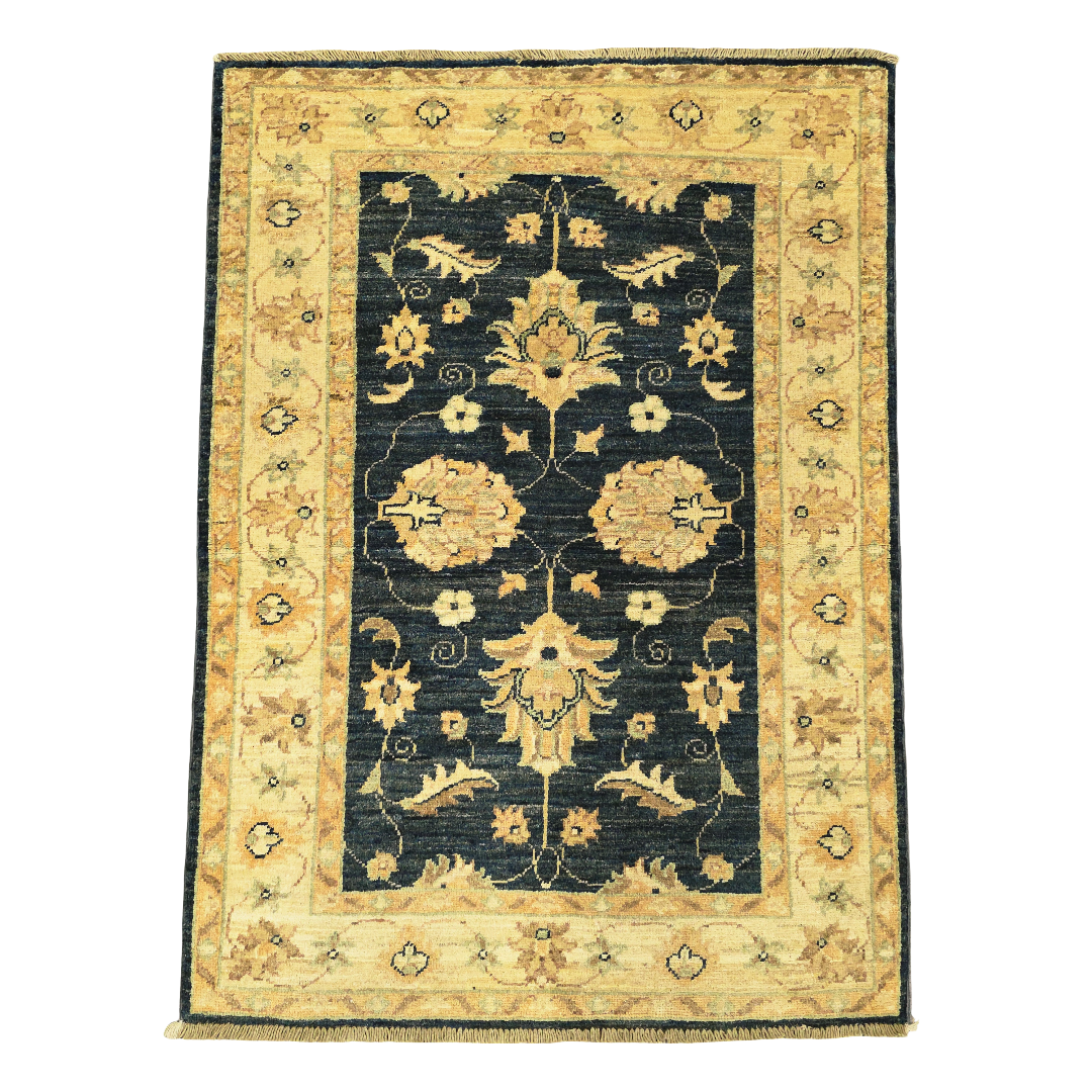 117 x 85cm Afghan Chobi Beige & Navy Blue Hand Woven Bedside Carpet ...