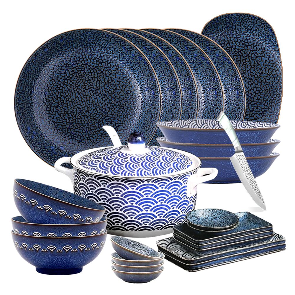 Ceramic Retro Design Porcelain Water Pattern Dinnerware - Set of 41 ...