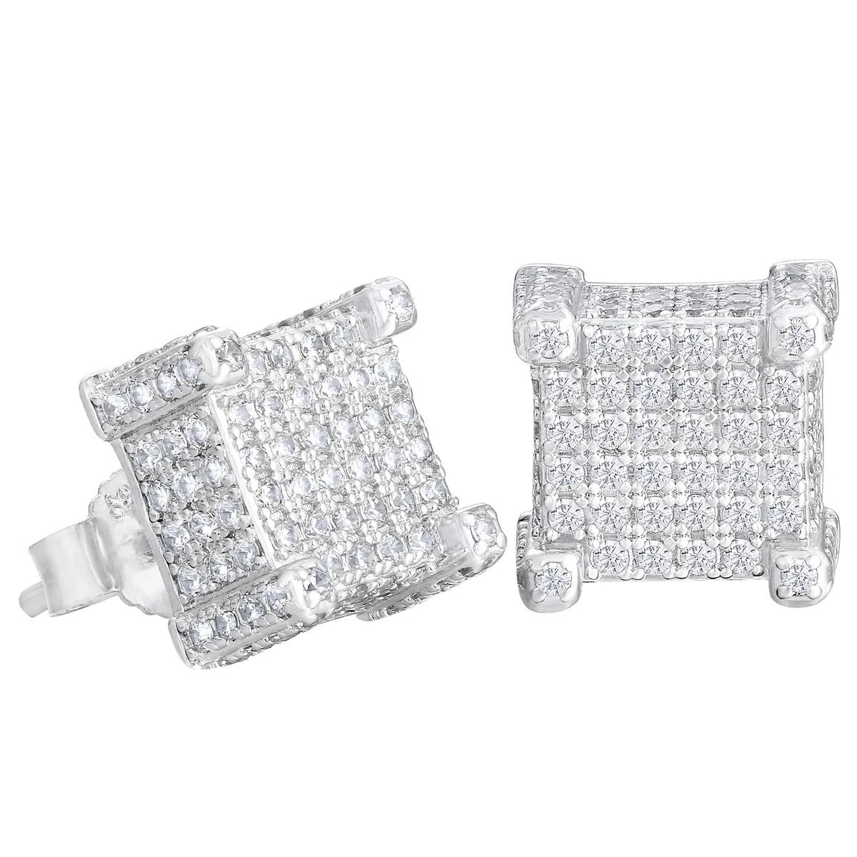 Silver Iced-Out Box Style 925 Sterling Silver Stud Earrings for Men ...