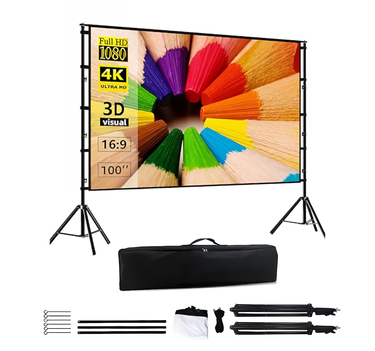 Projector Screen and Stand 100 inch Home Outdoor Foldable Portable 16:9 ...