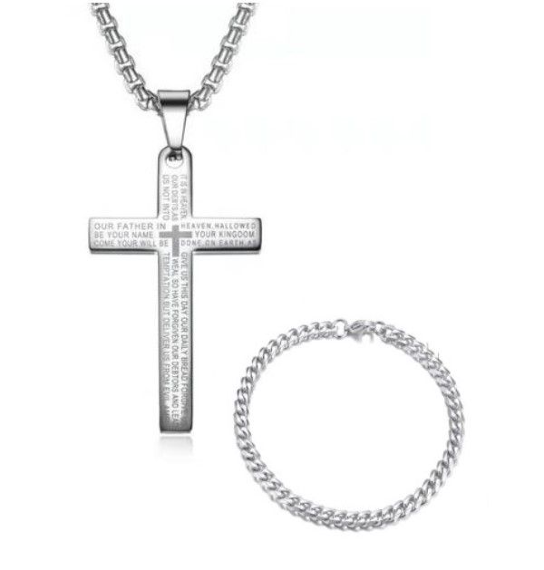 Cross with "Lord's Prayer " Engraved on 60cm Chain and Matching ...