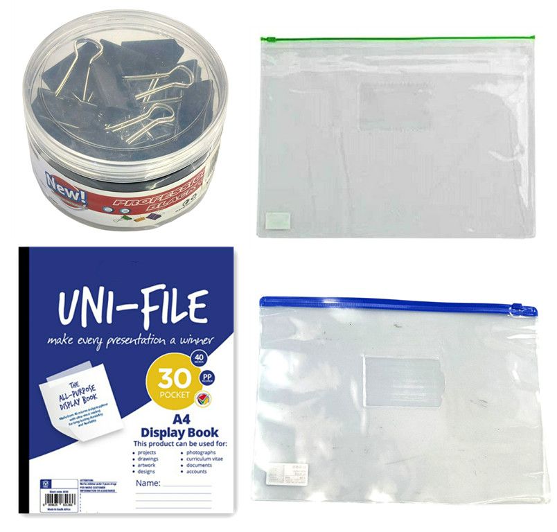 Uni-File Display Book & Croxley Foldback Clips & Clear Zip Bag | Shop ...