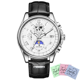 LIGE - Men Luxury Chronograph Leather Strap Formal Watch - Silver Black ...