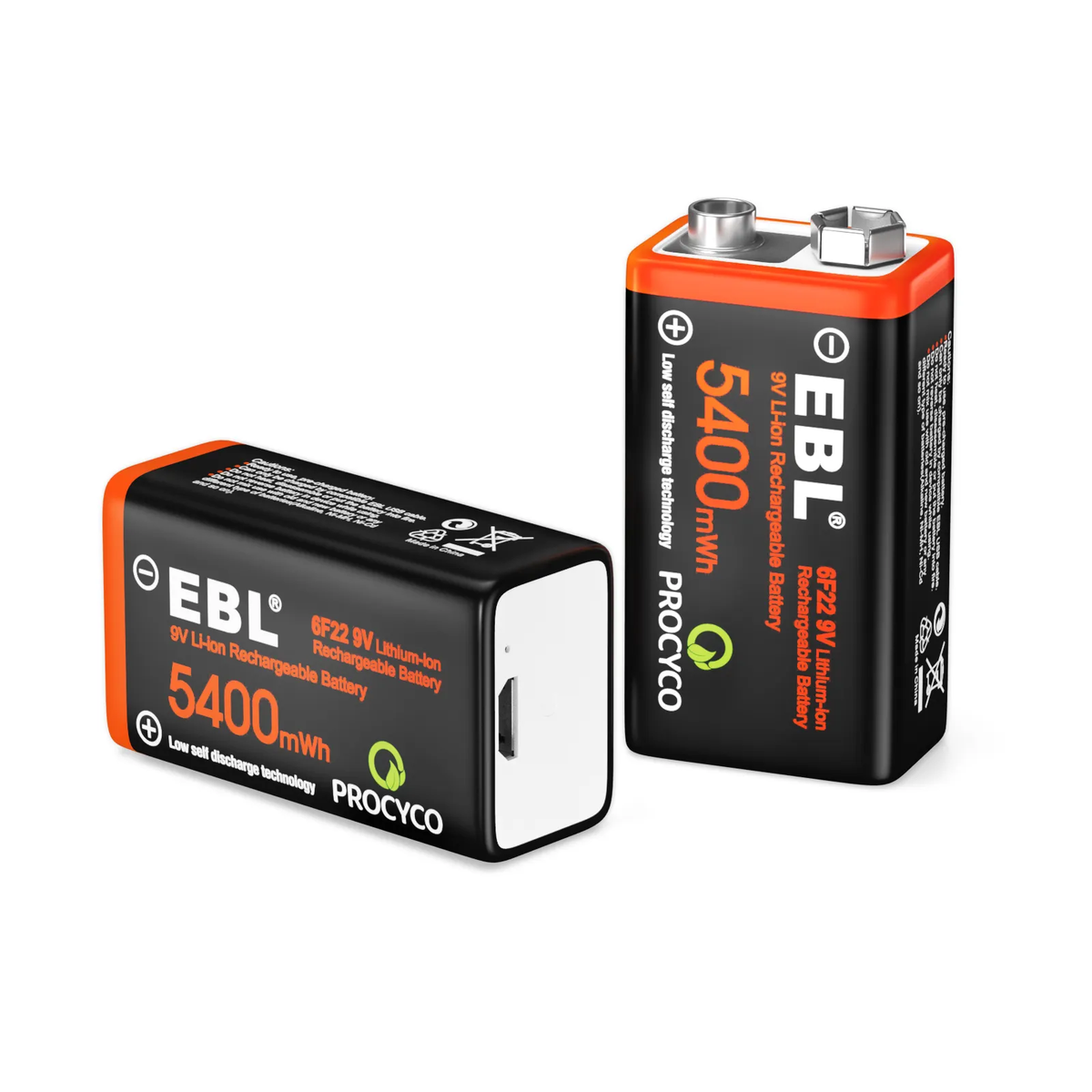 EBL Rechargeable 9V Micro-USB Lithium ion Batteries 600mAh 2 Pack ...