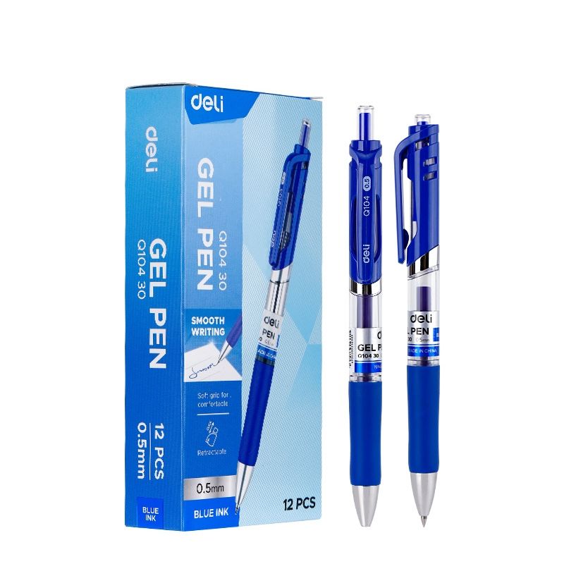 Deli Retractable Gel Pen 0.5mm Blue Ink Transparent Barrel With Grip 12 ...