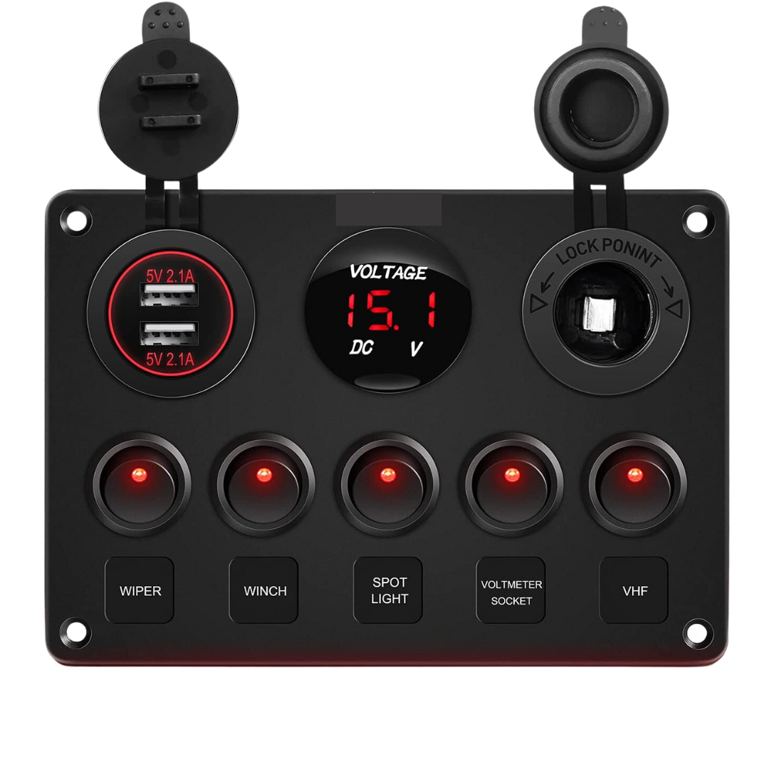 KR 5 Gang Rocker Switch, Dual USB, Volt Meter & Cig Socket Fuse Panel ...