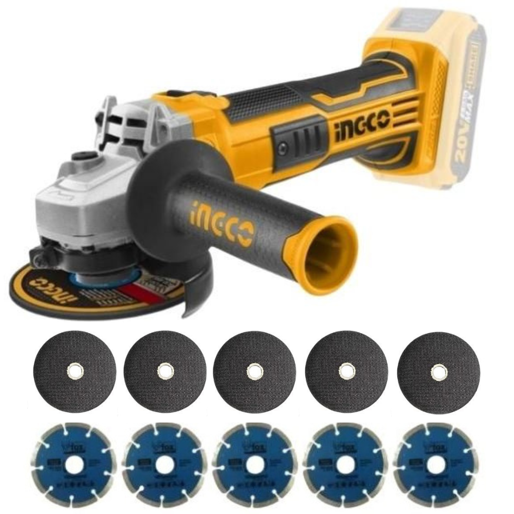 Ingco - Cordless Angle Grinder (20V) including 5 x Discs and 5 x Blades ...