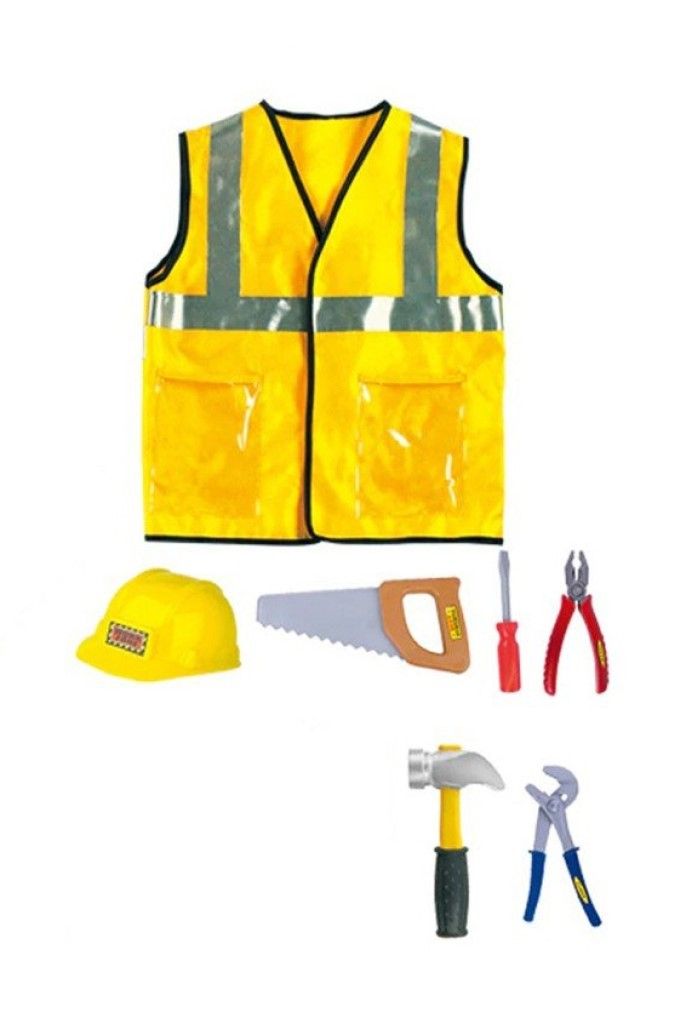Construction Worker Role Play Costume Set with Tools - Yellow -Pretend ...