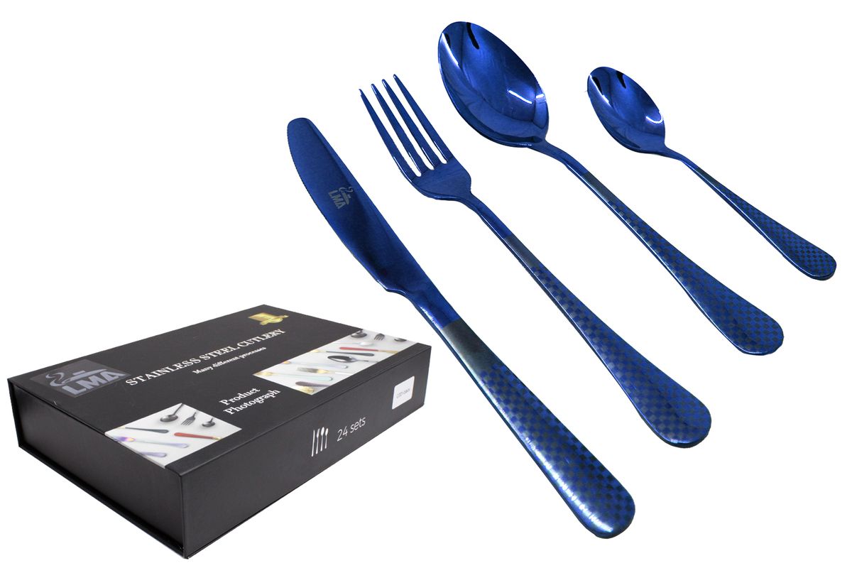 LMA Branded 24 Piece Checkered Finish Cutlery Set & Noir Storage Box ...
