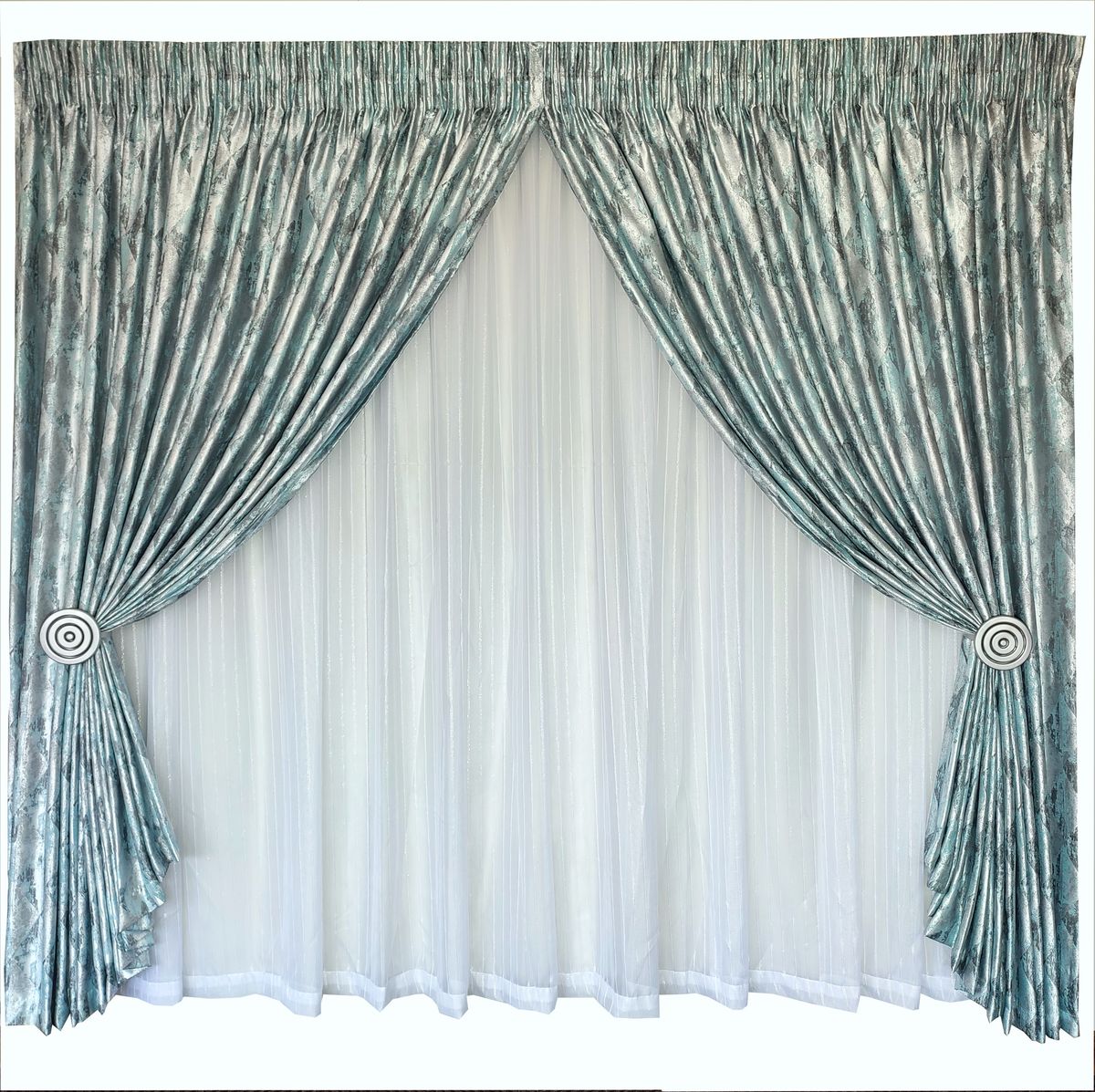 Curtain Set - 5m Woven Aqua Turquoise + 5m White Stripe Linen Voile ...